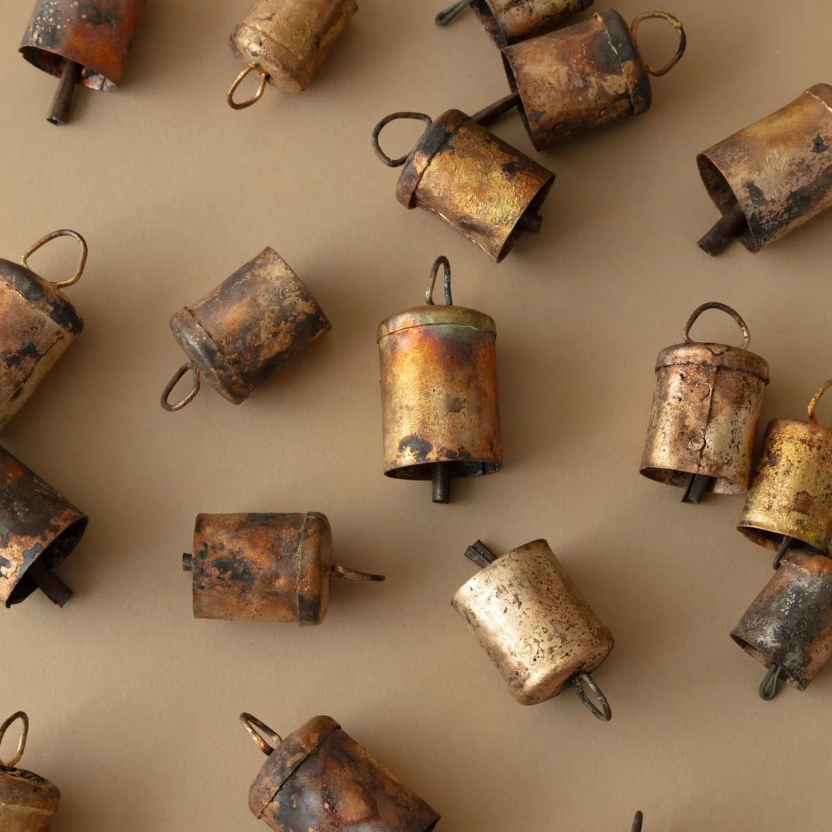 Distressed Gold Metal Bells in Muslin Bag | Set of 24 – Rust & Cinder