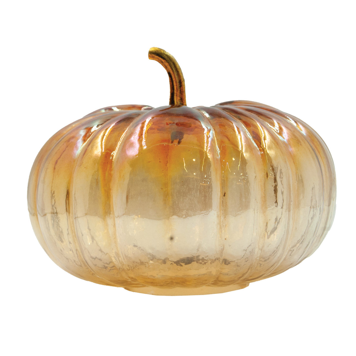 Amber Iridescent Glass Pumpkin with Brass Stem – Rust & Cinder