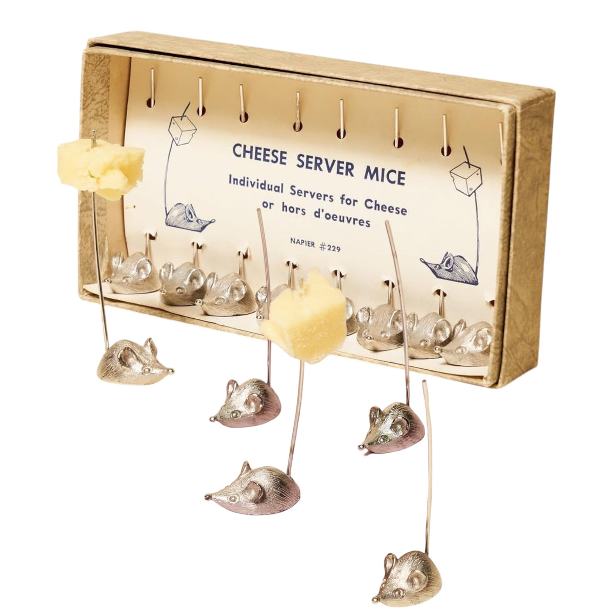 Vintage-Inspired Silver Zinc Cheese Server Mice Pick Set – Rust & Cinder