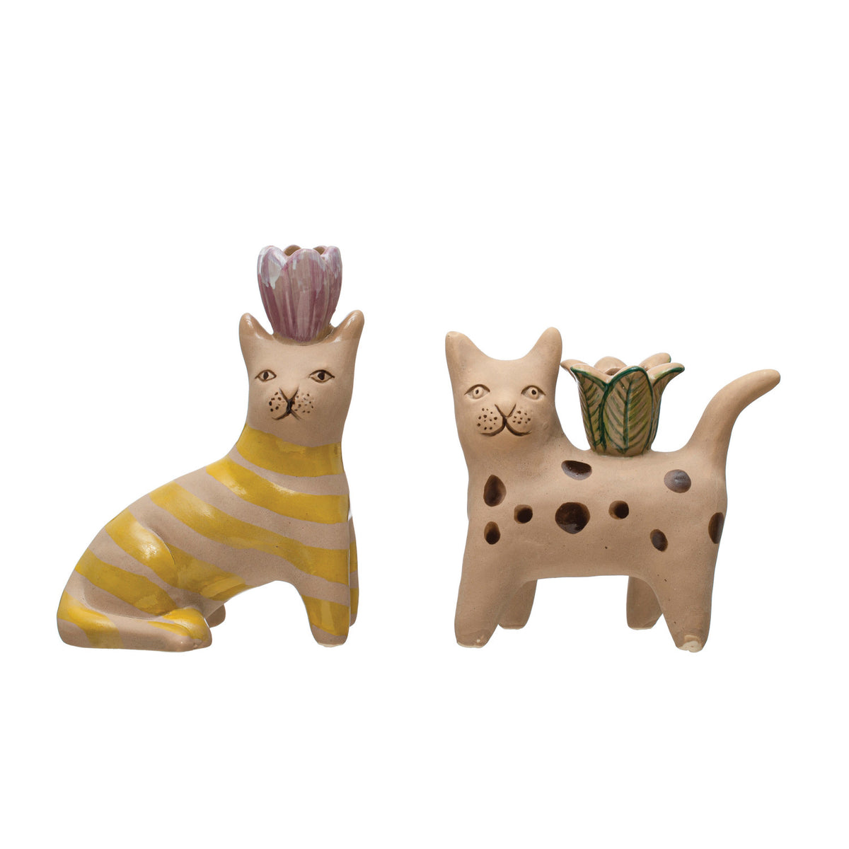 Hand-Painted Stoneware Cat Taper Holder with Floral Accent | 2 Styles ...