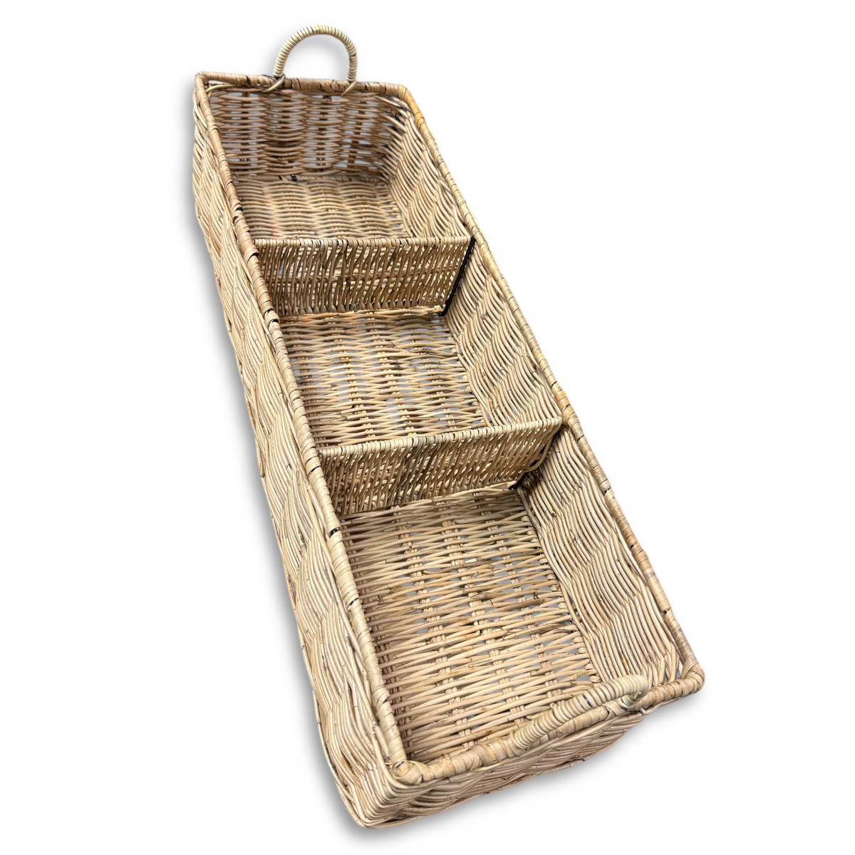 Hand-Woven Rattan Basket with 3 Sections & Handles – Rust & Cinder