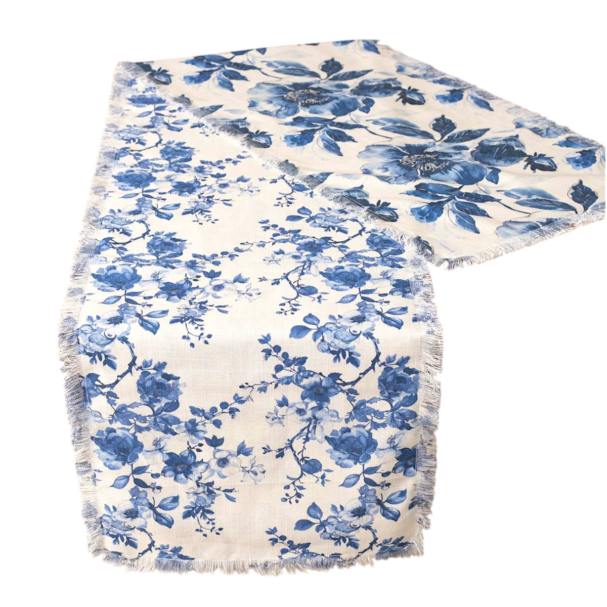 Reversible Blue Floral Cotton Table Runner with Frayed Edges | 72 ...