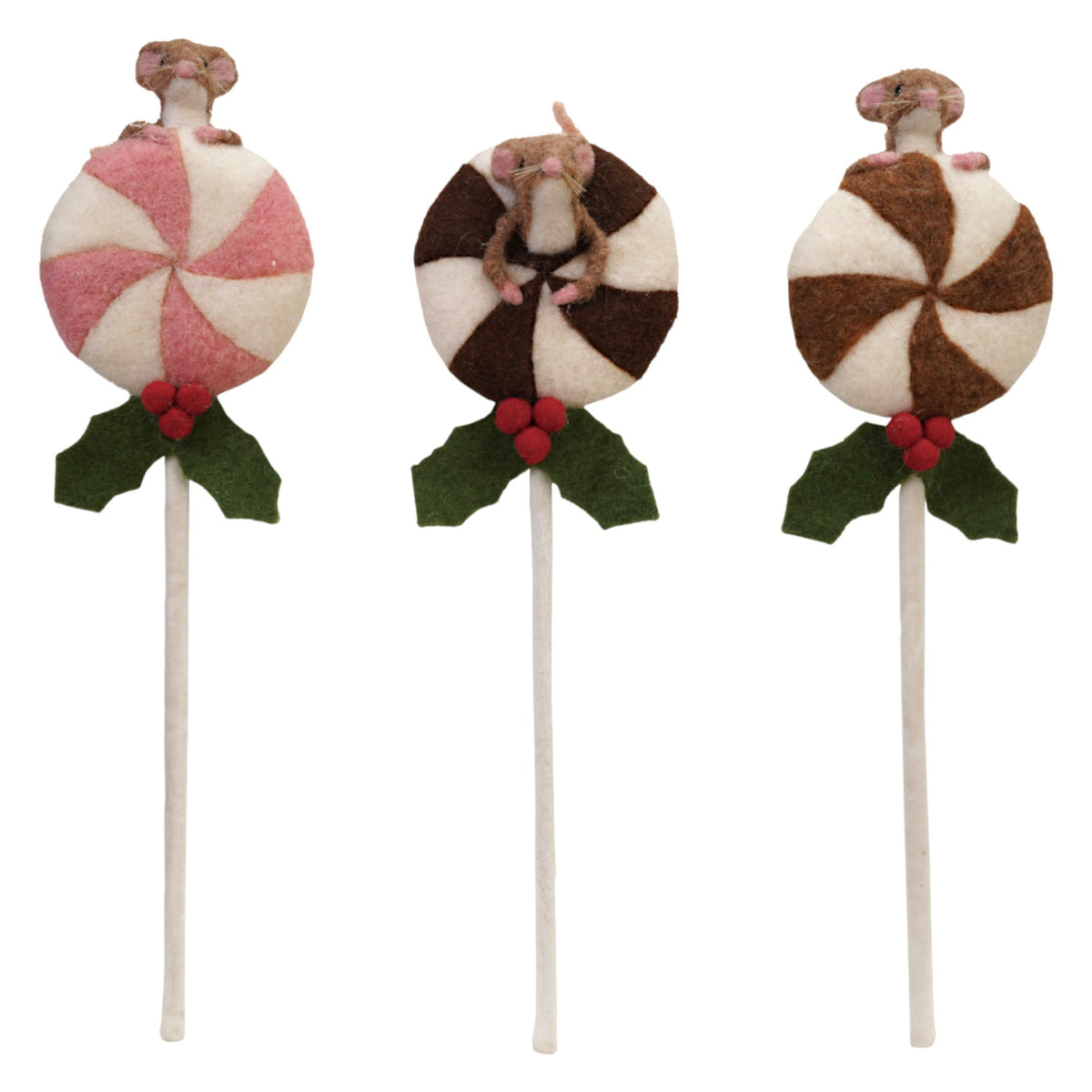 Handmade Wool Felt Lollipop with Mouse & Holly – Rust & Cinder
