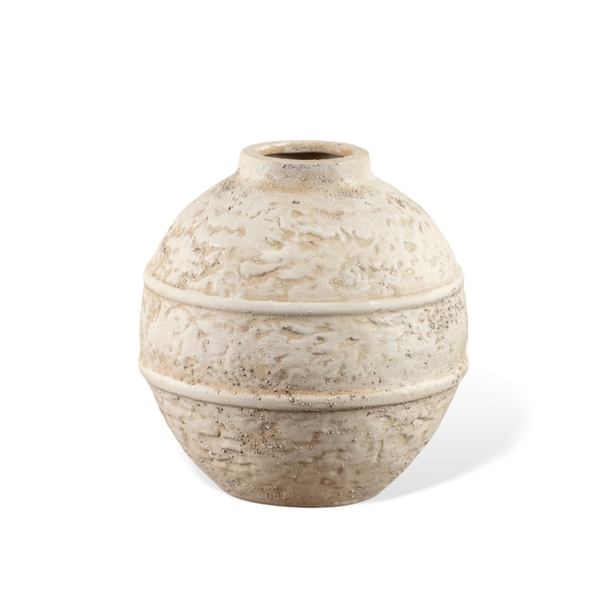 Distressed White Stucco Finish Round Clay Vase – Rust & Cinder